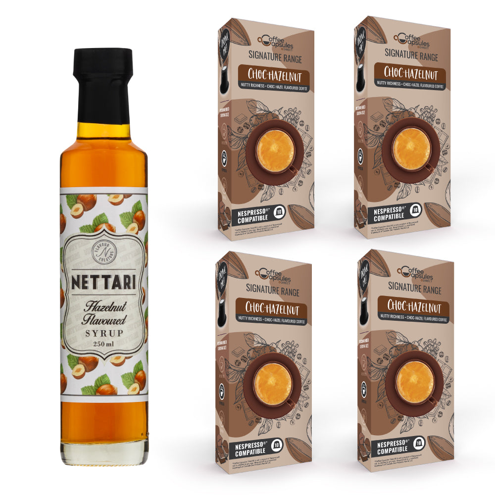 Choc Hazelnut Coffee & Syrup Bundle - 40 Nespresso compatible coffee c ...